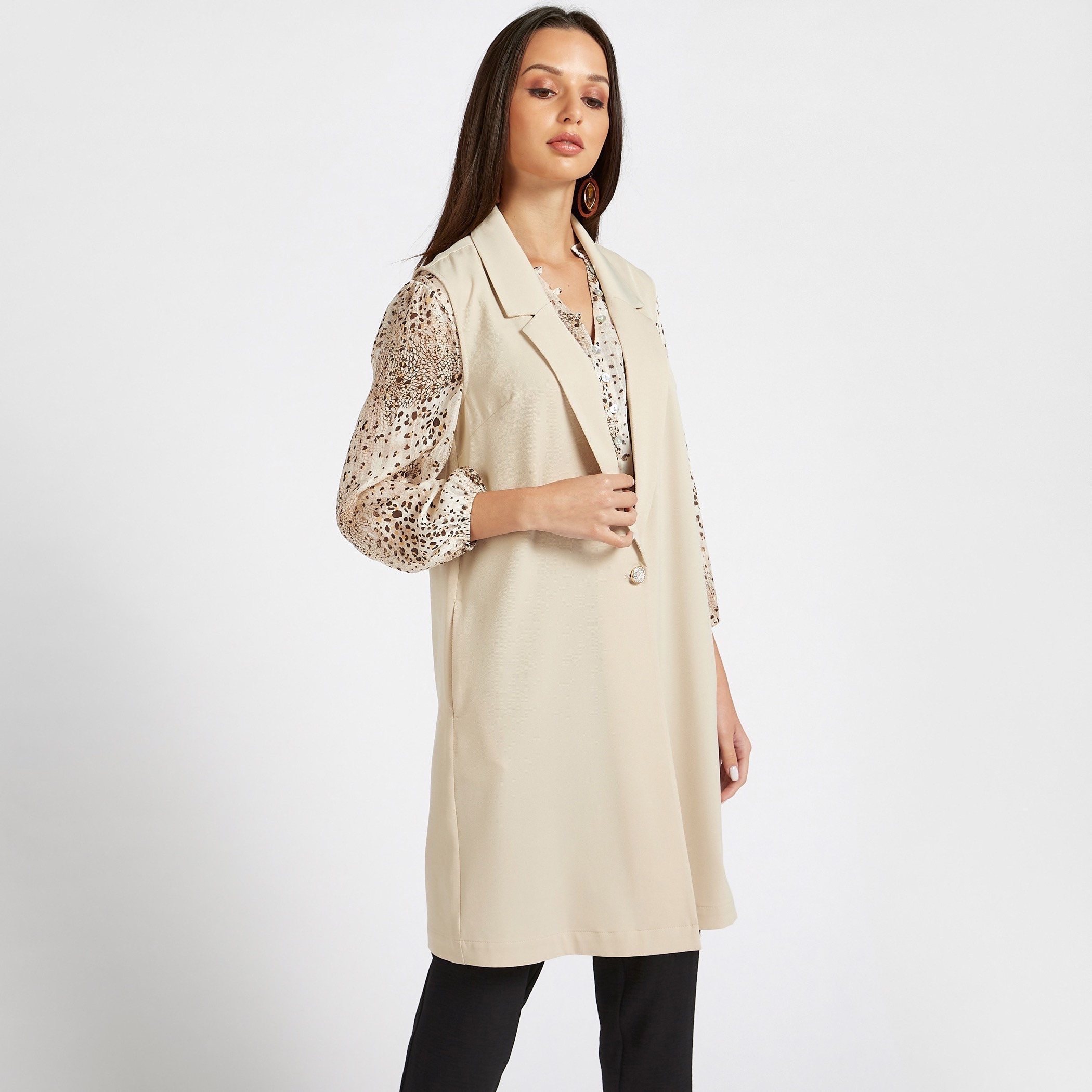Shop Solid Longline Sleeveless Overcoat with Button Closure Online ...