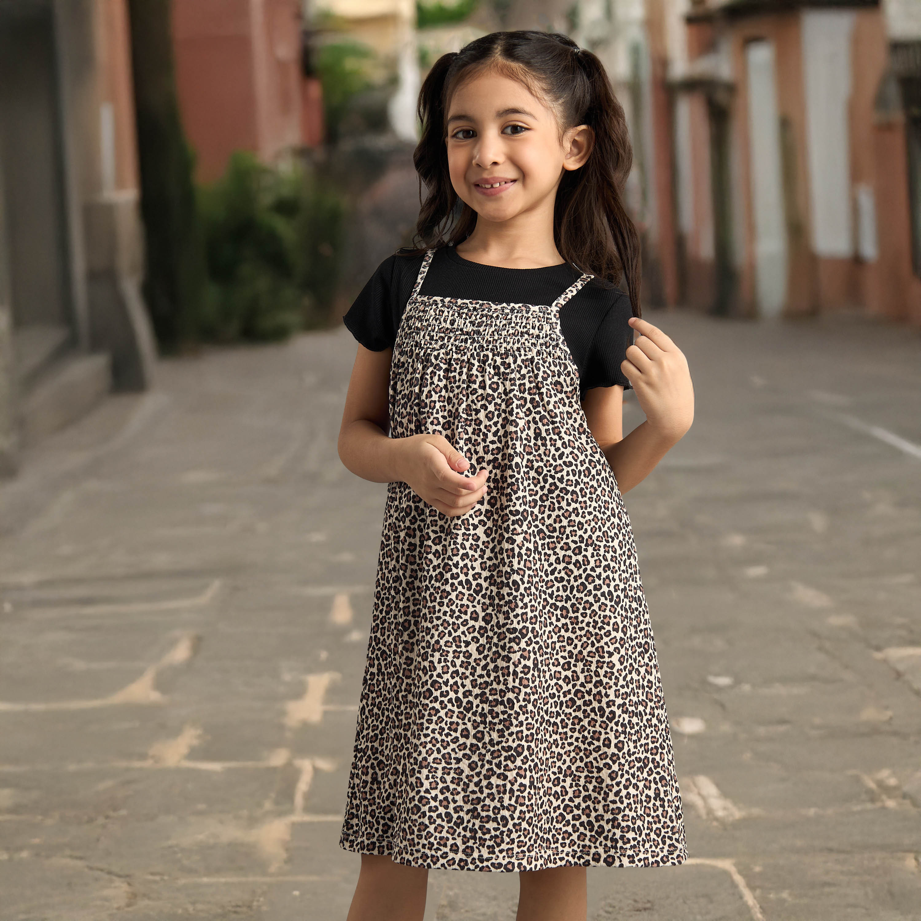 Shop All-Over Animal Print Pinafore and Ribbed T-shirt Set Online | Max ...