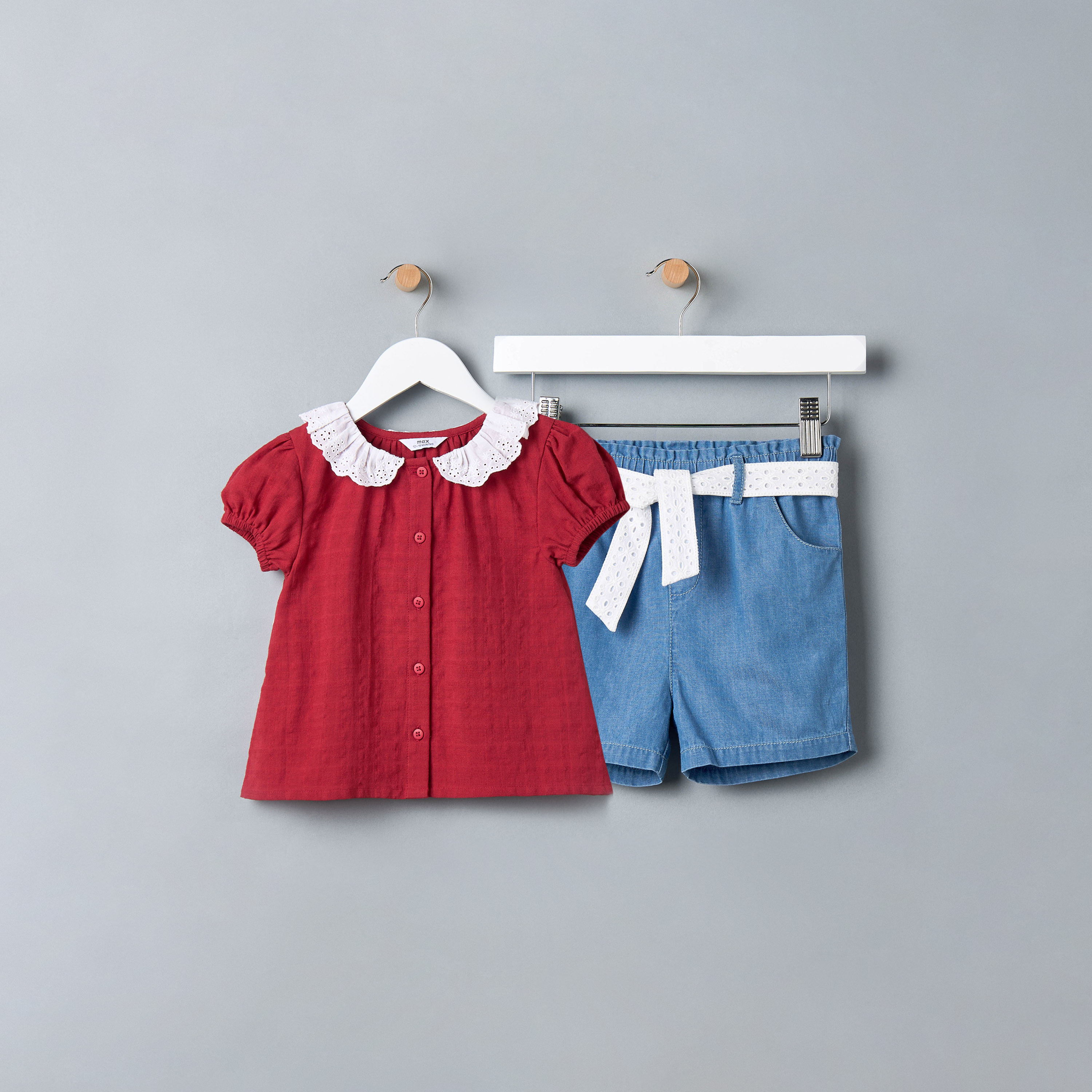 Shop Textured Collar Top and Denim Shorts Set Online | Max UAE