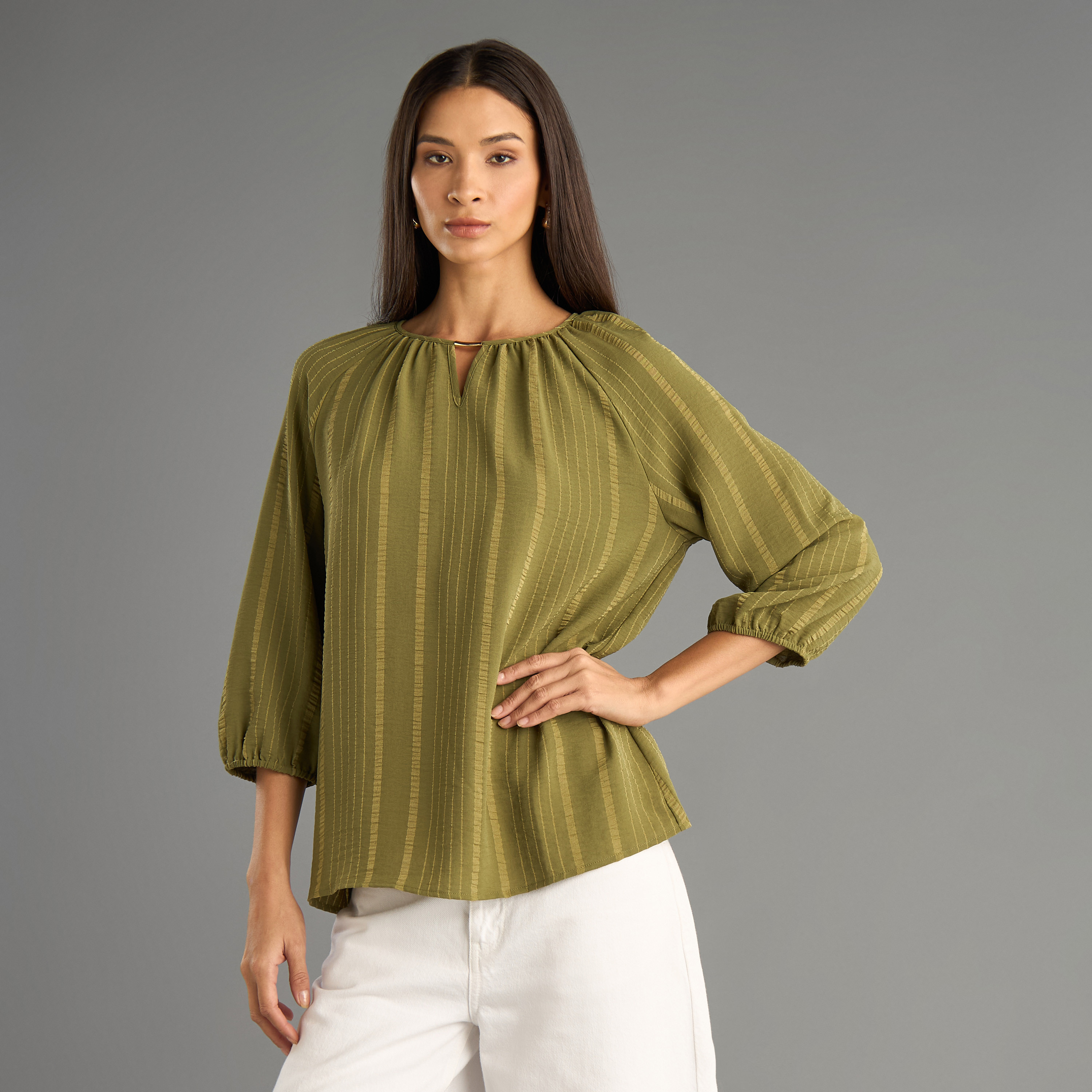Shop Textured Keyhole Neck Top with Raglan Sleeves Online | Max UAE