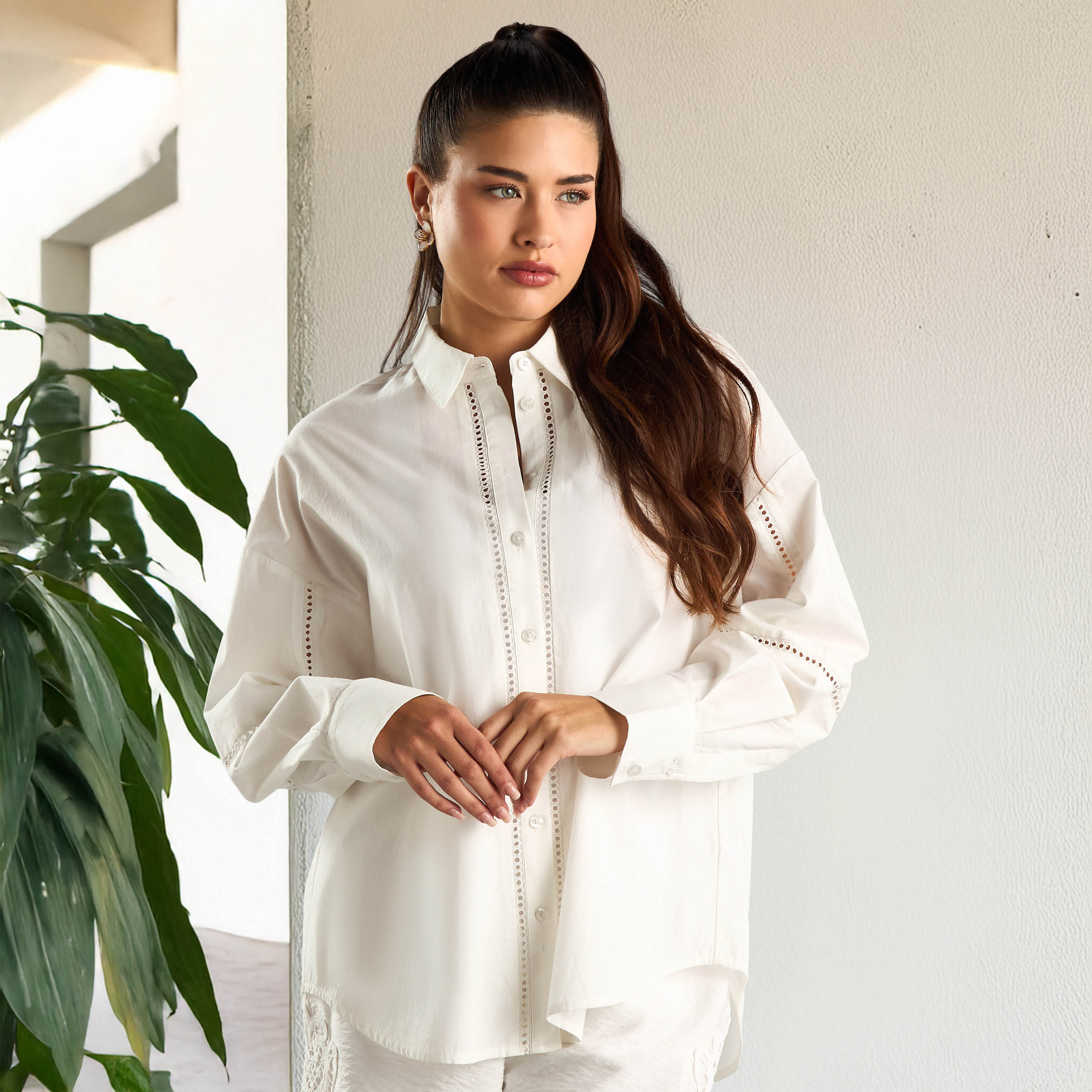 Shop Lace Detail Oversized Poplin Shirt Online | Max KSA