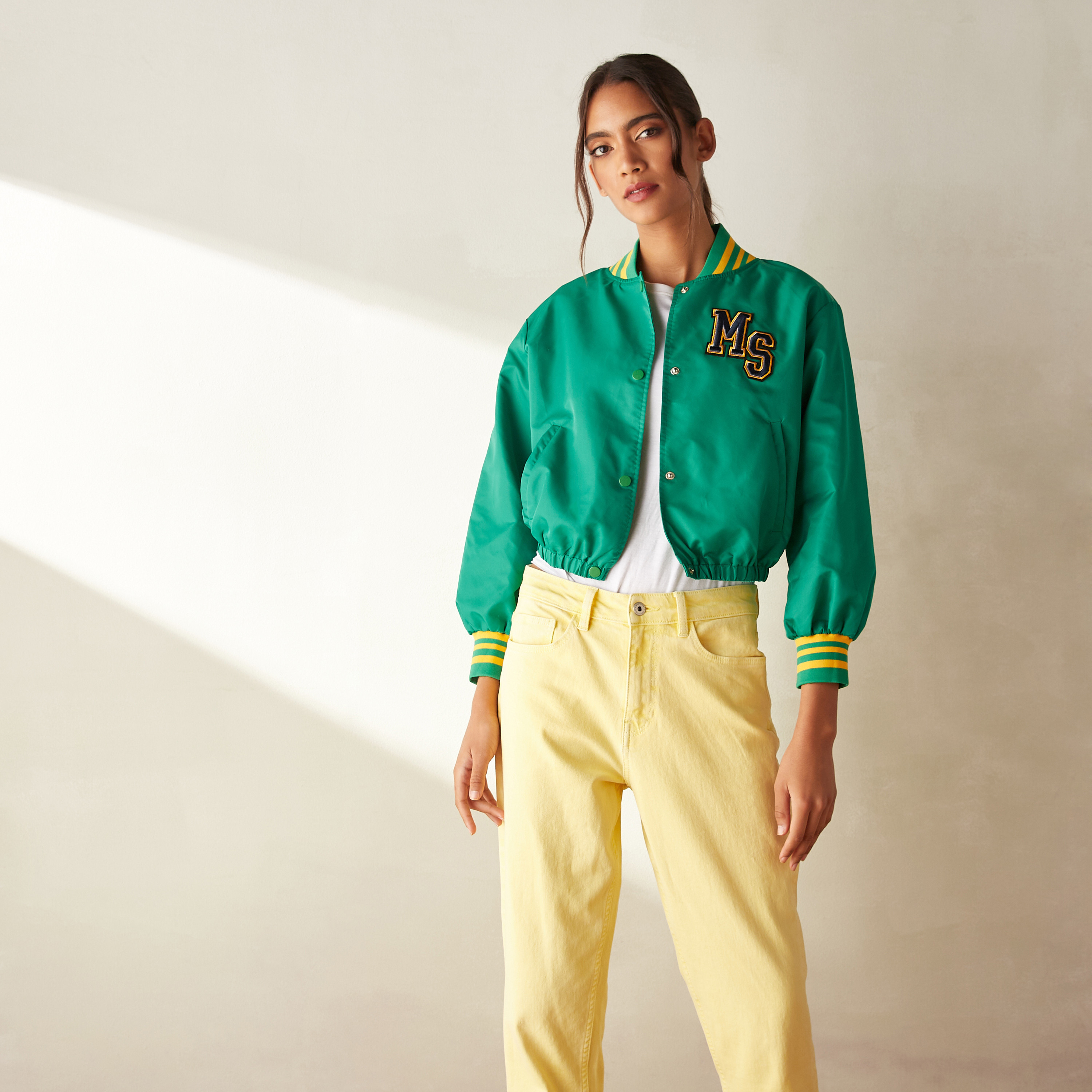 Shop Applique Varsity Jacket with Long Sleeves and Pockets Online | Max ...