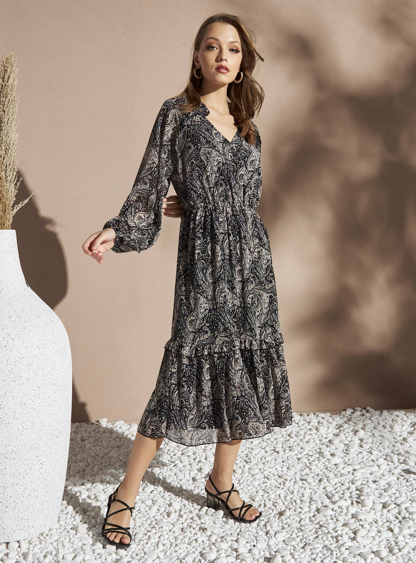 Shop All Over Paisley Print Midi Dress With Long Sleeves Online Max Uae