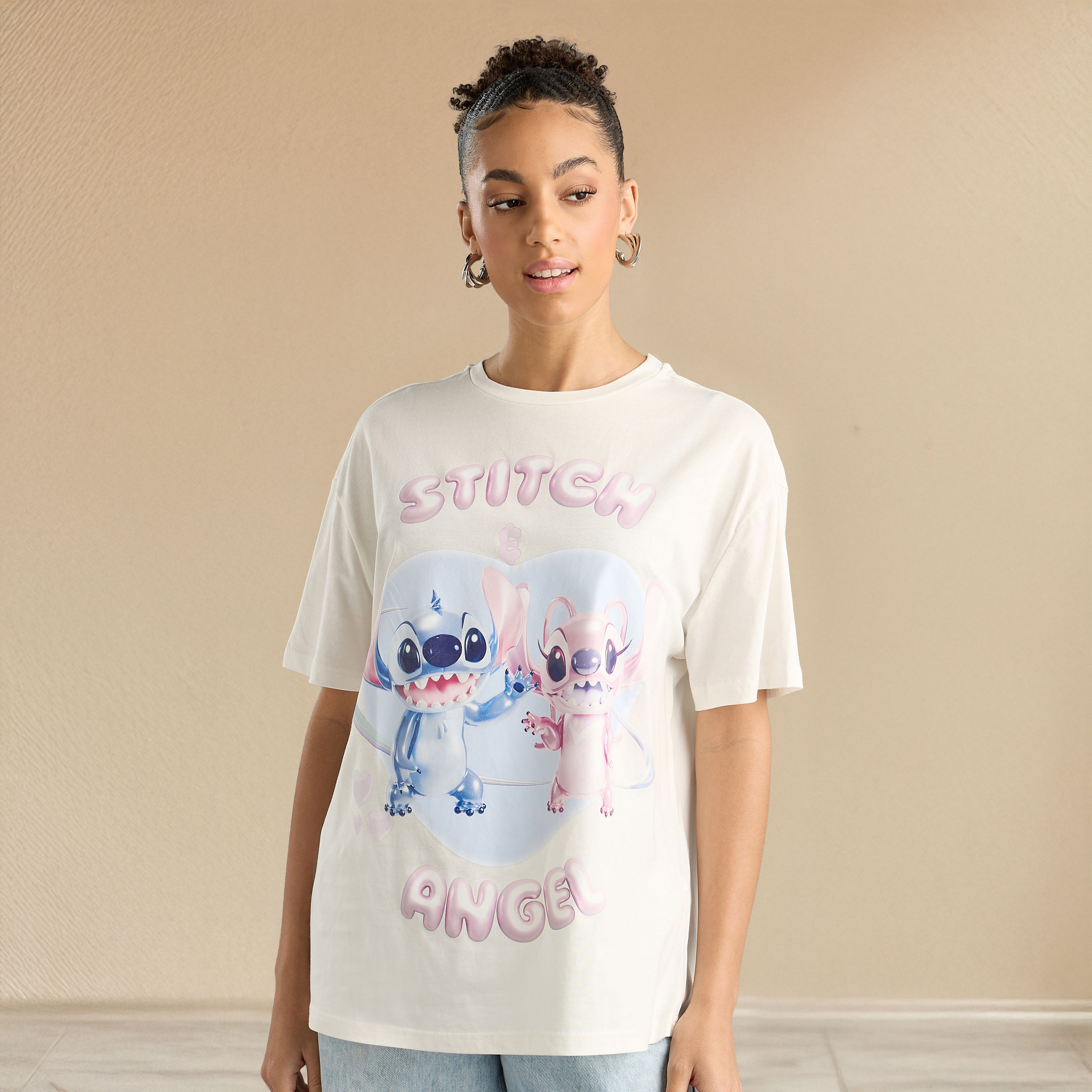 Shop Stitch and Angel Print T-shirt with Short Sleeves Online | Max Kuwait