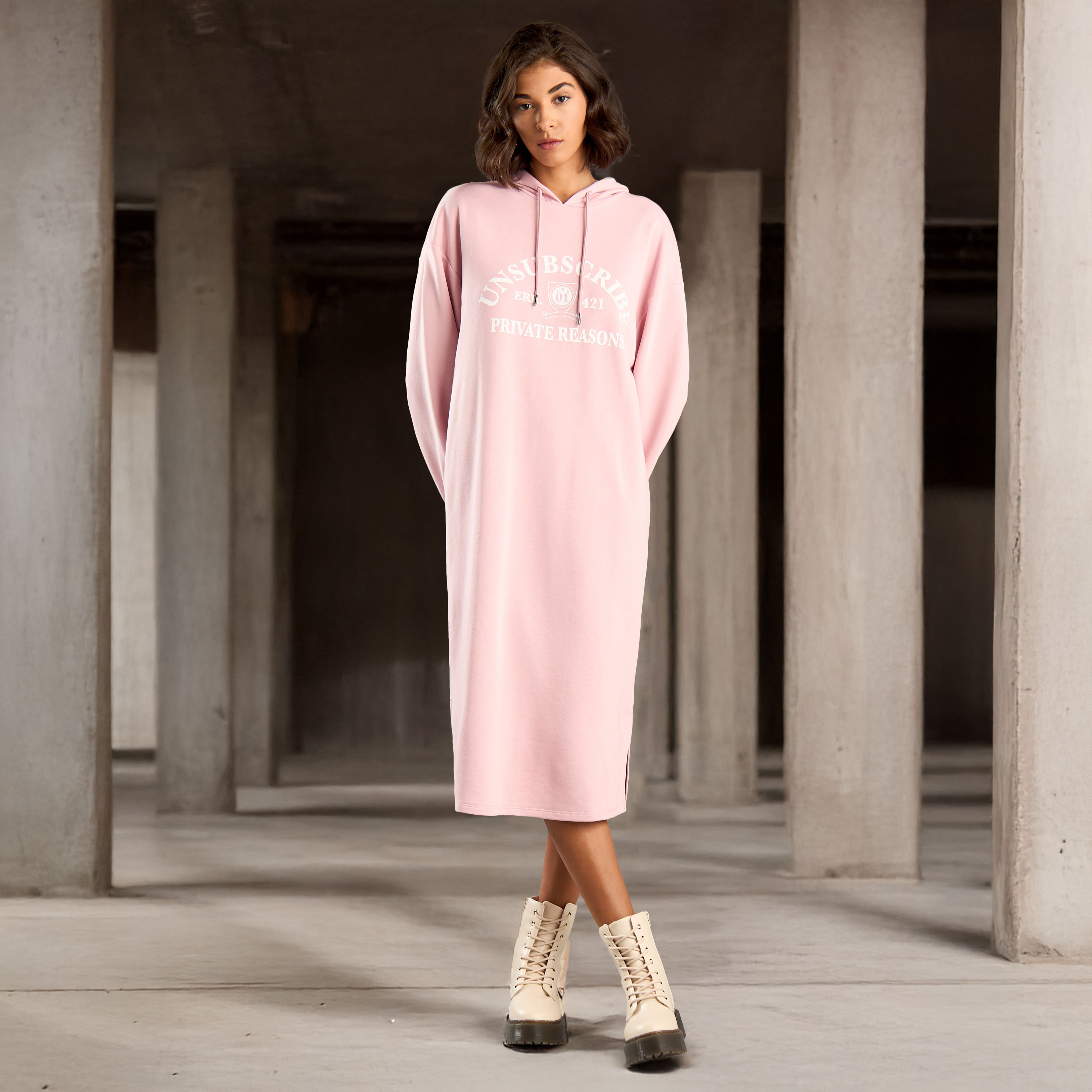 Shop Printed Hooded Sweat Dress with Slits Online | Max UAE