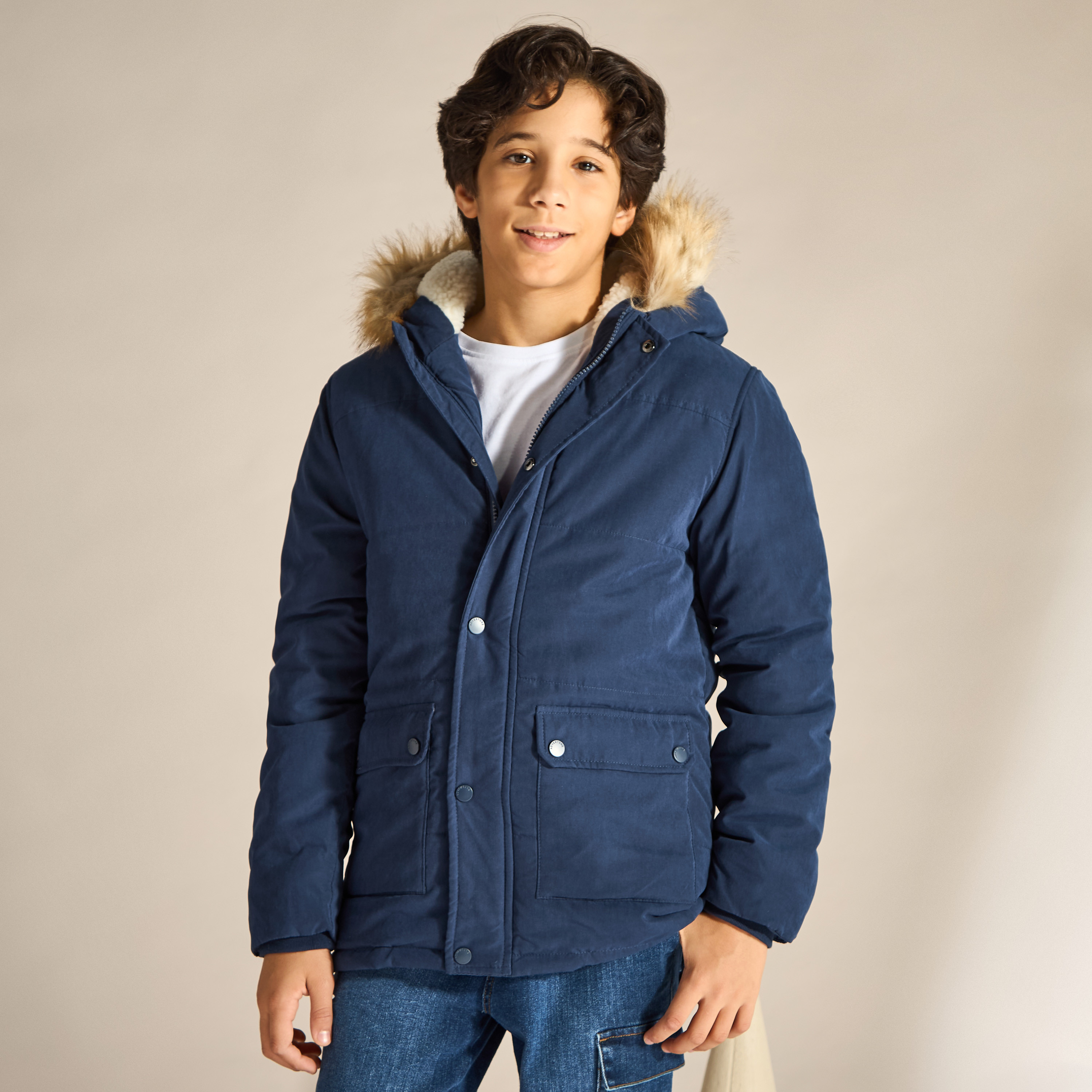 Shop Hooded Parka Jacket with Faux Fur Lining Online | Max KSA