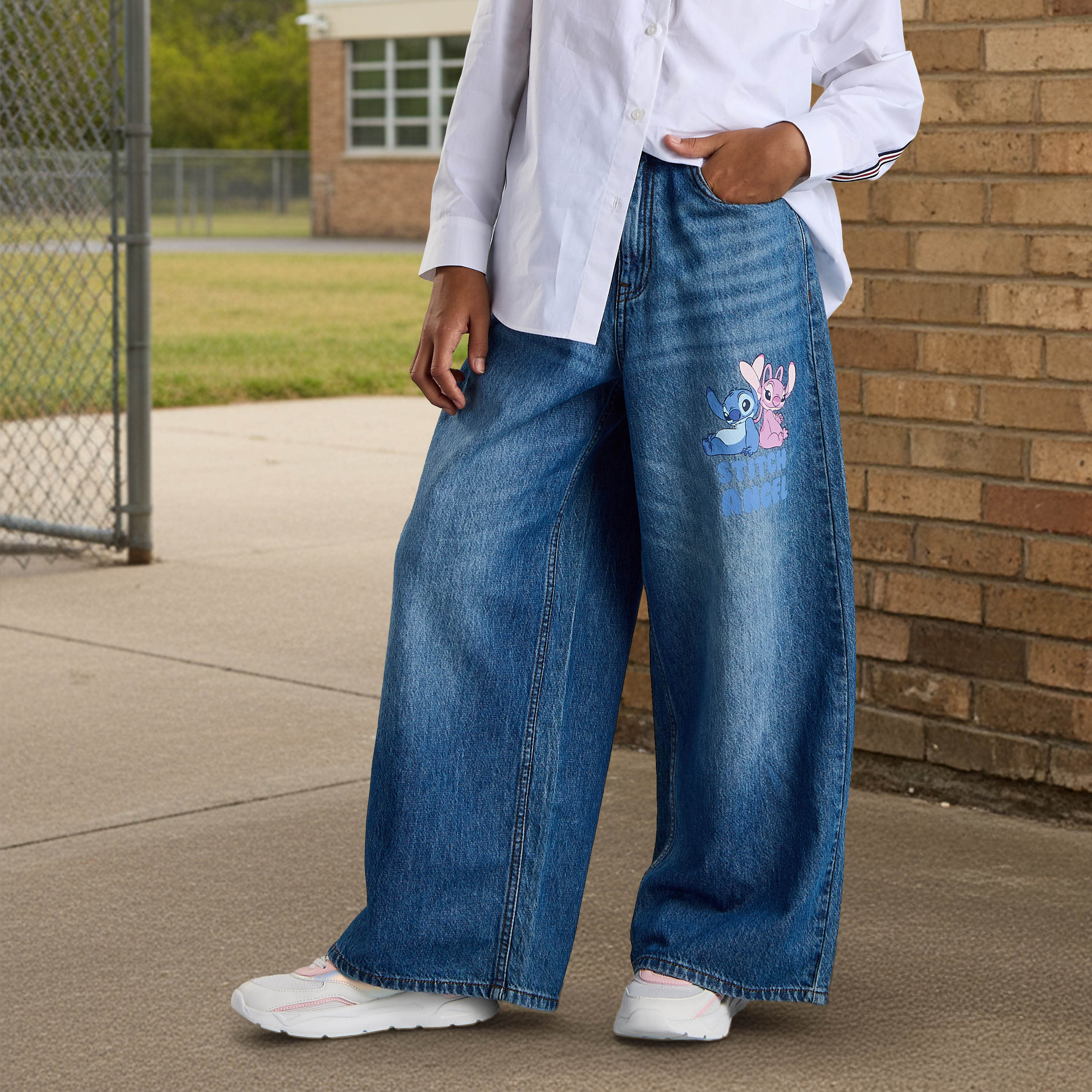 Shop Stitch and Angel Print Wide Leg Jeans Online | Max Kuwait