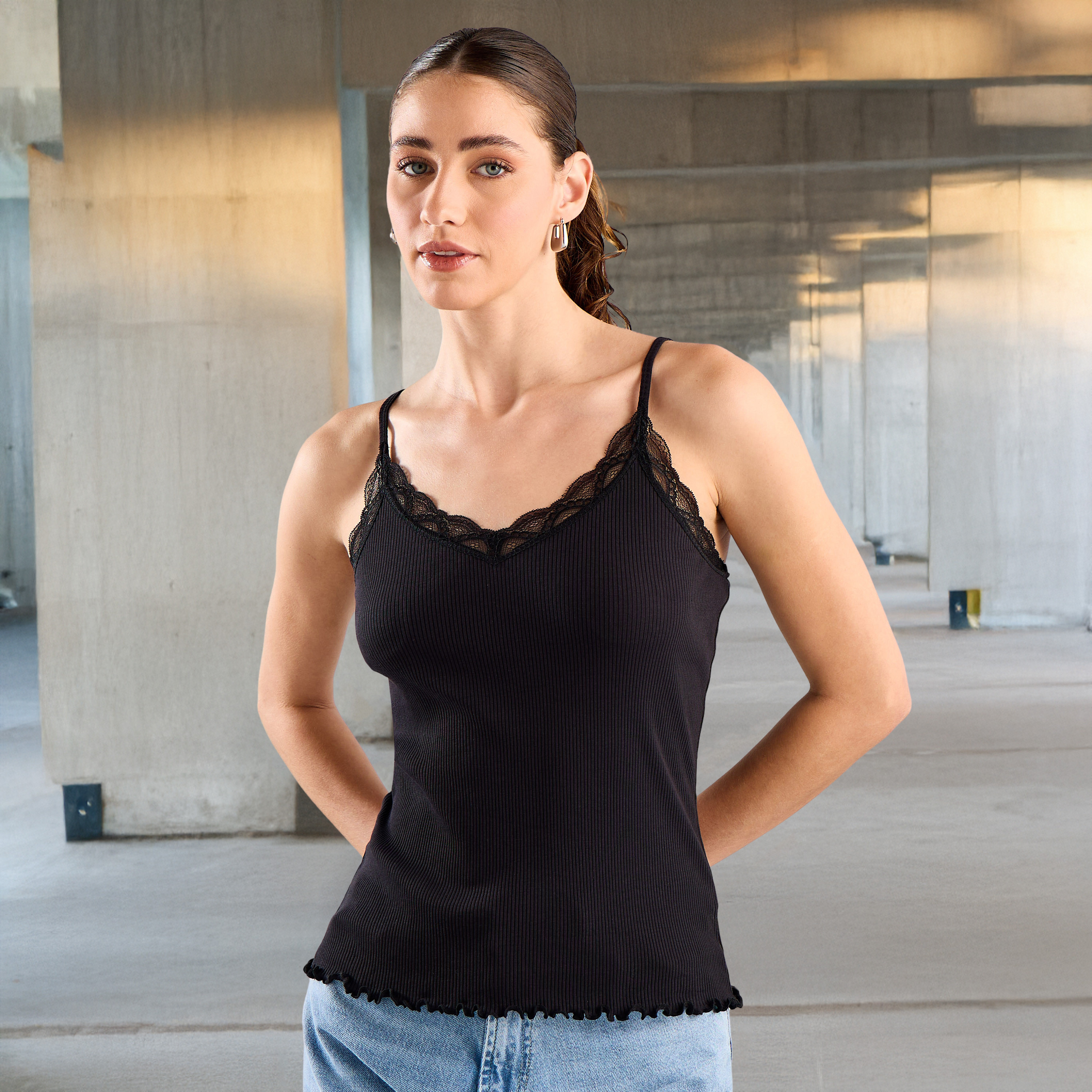 Shop Ribbed Lace Insert Camisole Online | Max UAE