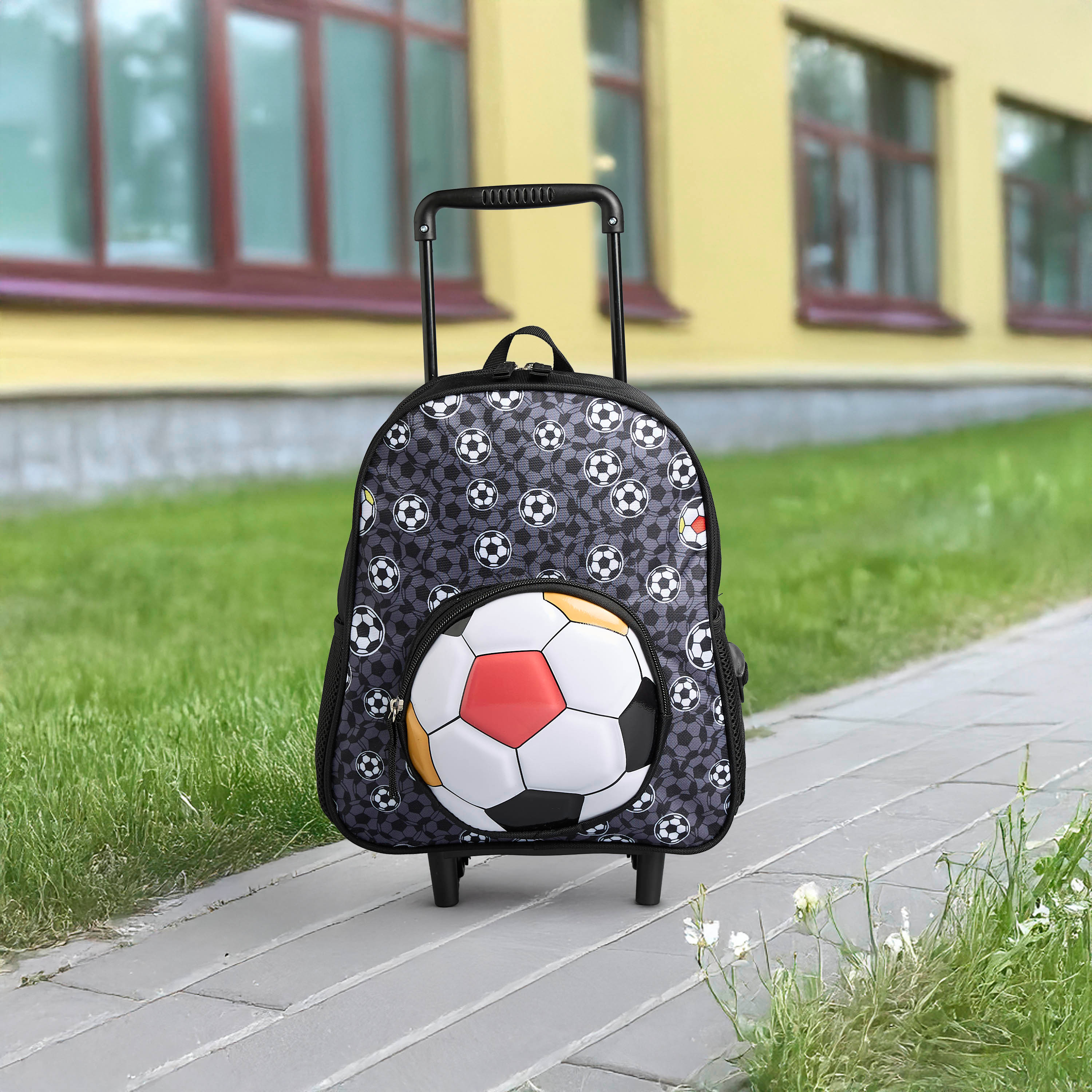 Shop Football Print Trolley Backpack with Retractable Handle and Wheels ...